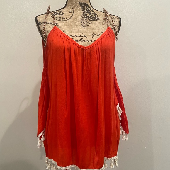 & the why | Tops | Nwt L Red Boho Trim Off Shoulder Top | Poshmark